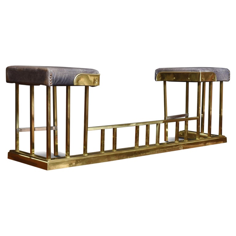 Brass and Leather Upholstered Club Fender at 1stDibs