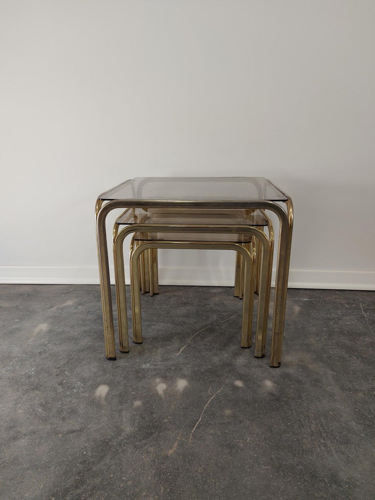 Brass and Smoked Glass Nesting Tables, Set of 3, 1960s For Sale at 1stDibs