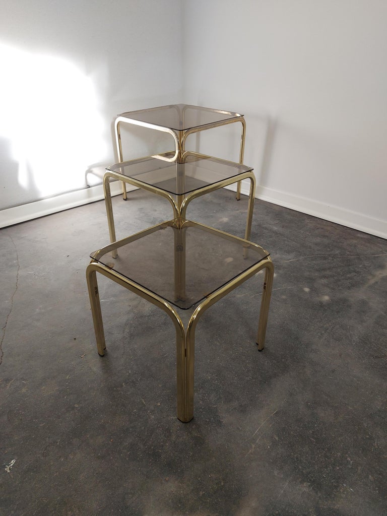 Brass and Smoked Glass Nesting Tables, Set of 3, 1960s For Sale at 1stDibs