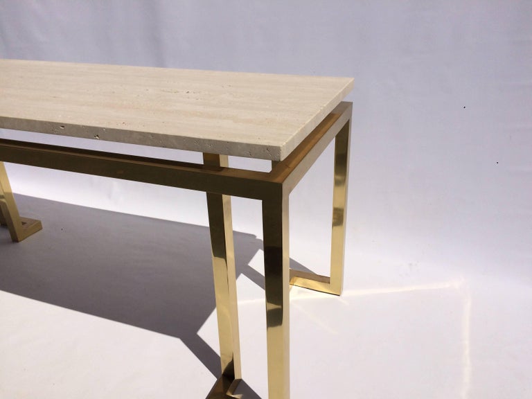 Brass and Travertine Console Table in the Style of Billy Baldwin at 1stDibs