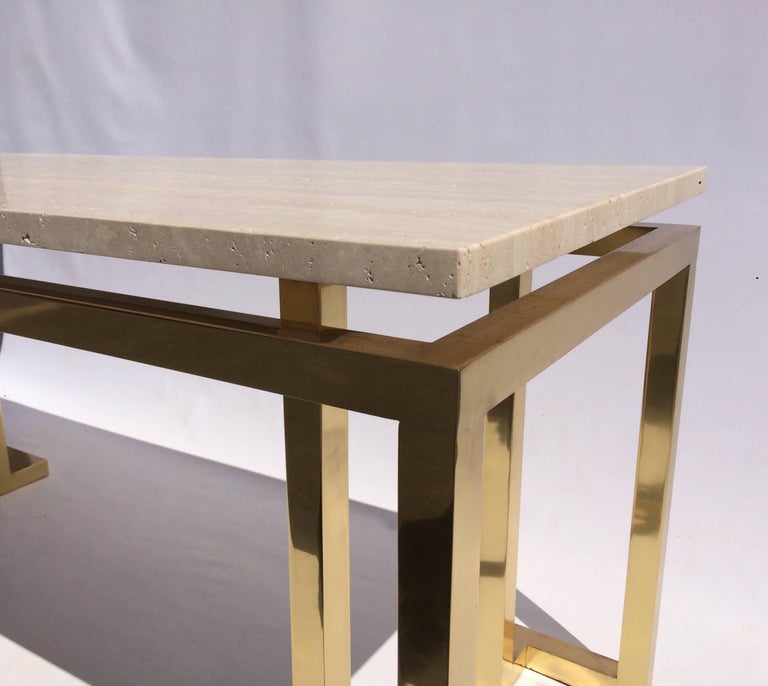 Brass and Travertine Console Table in the Style of Billy Baldwin at 1stDibs