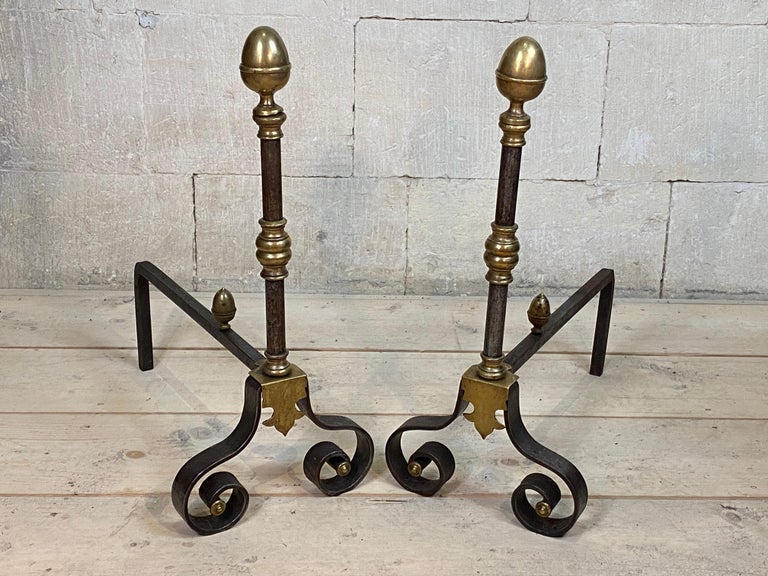 Brass Andirons Firedogs Burnished Steel Acorn Finials French For Sale ...
