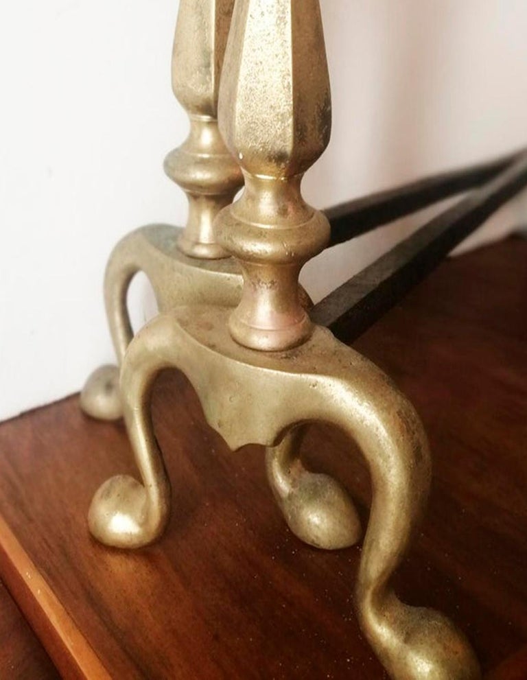 Andirons Queen Anne Style Brass and Iron Fireplaces Early 20th Century ...