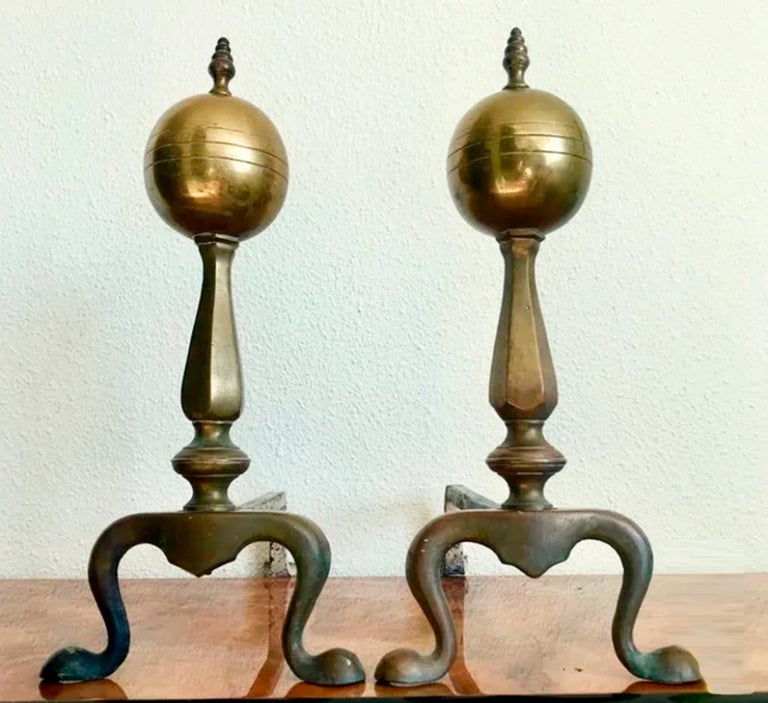 Andirons Queen Anne Style Brass and Iron Fireplaces Early 20th Century ...