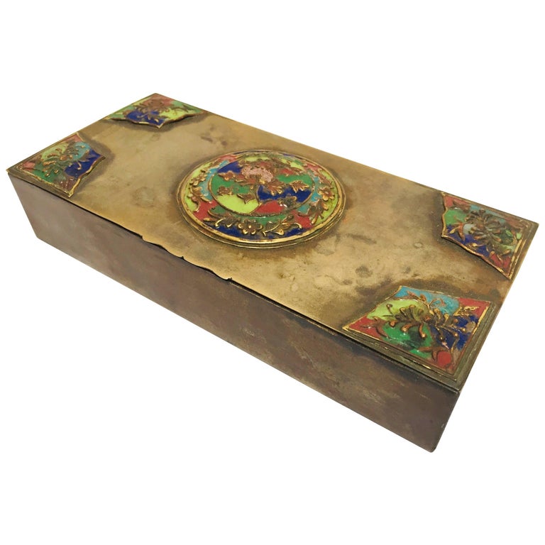Brass Art Deco Lidded Box with Enameled Decoration For Sale at 1stDibs
