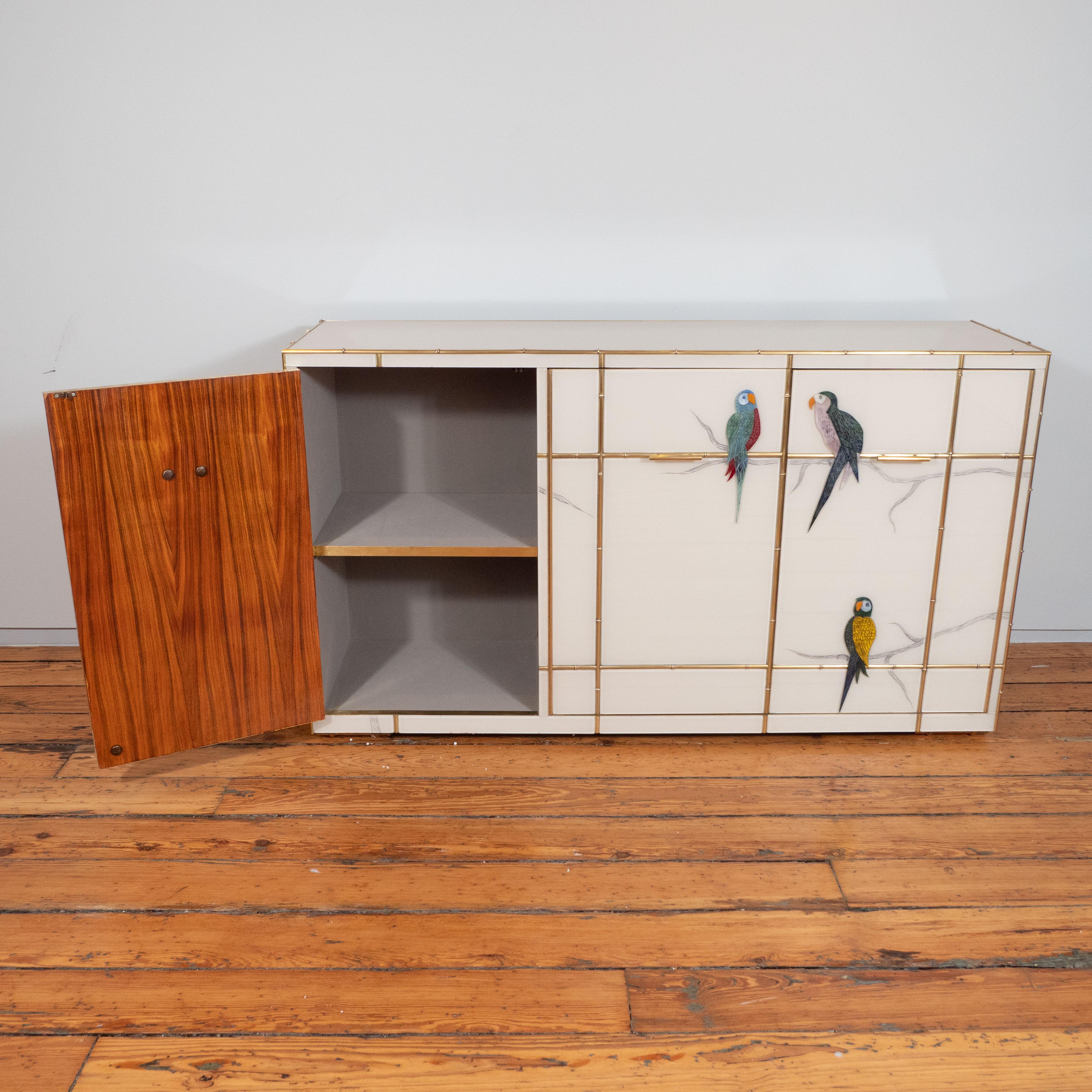 Custom Brass Bamboo Inlay and Ivory Murano Glass Parrot Sideboard ...
