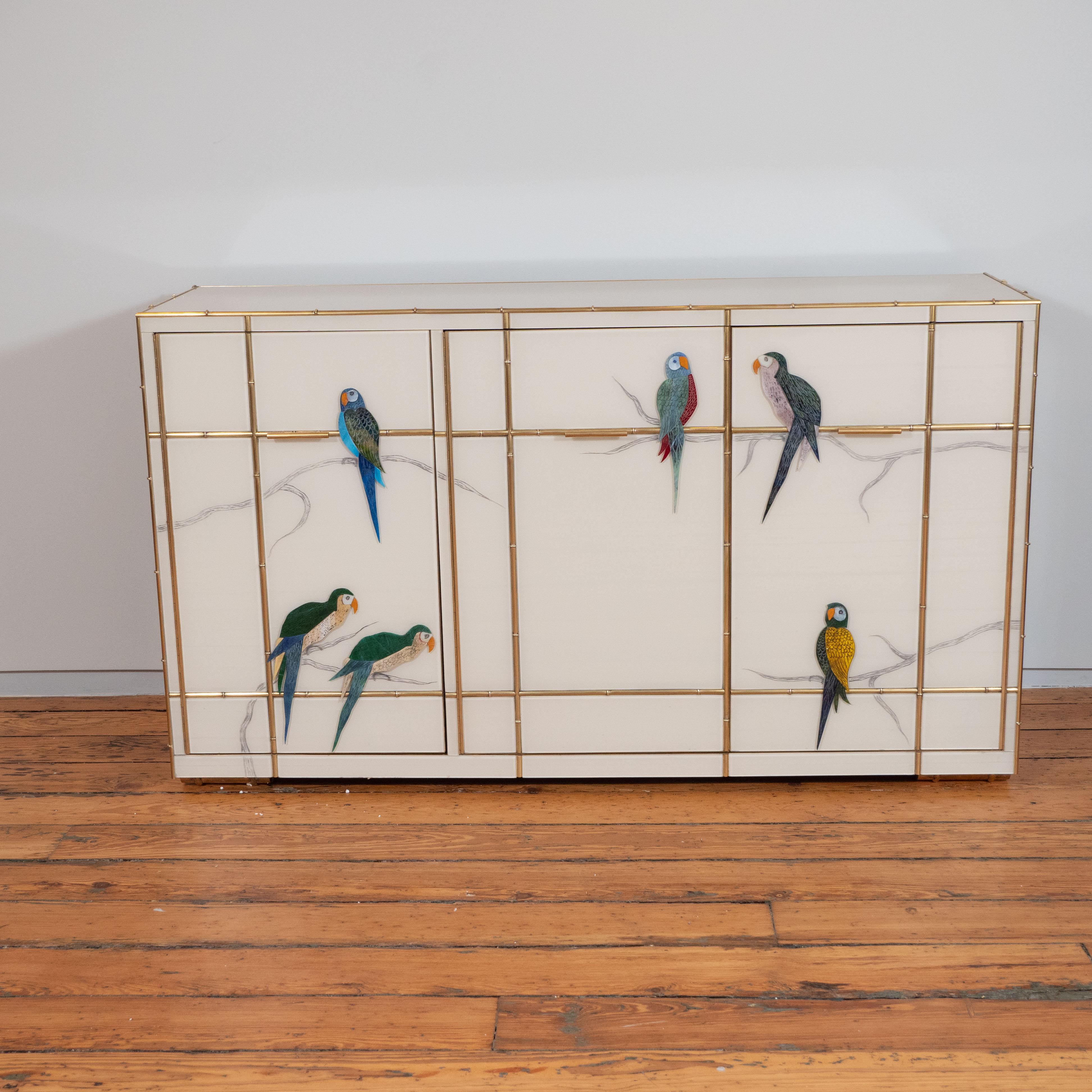 Custom Brass Bamboo Inlay and Ivory Murano Glass Parrot Sideboard ...