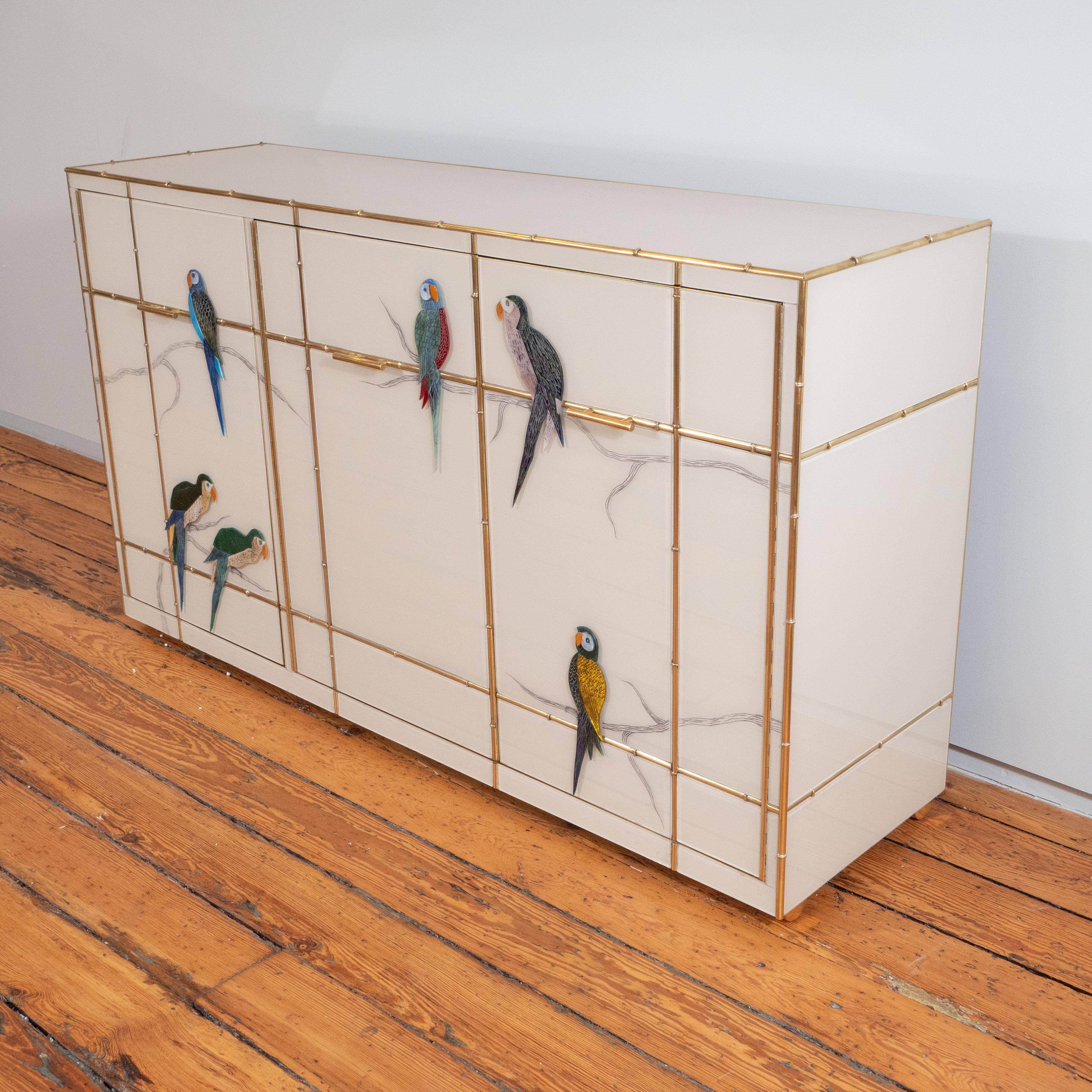 Custom Brass Bamboo Inlay and Ivory Murano Glass Parrot Sideboard ...