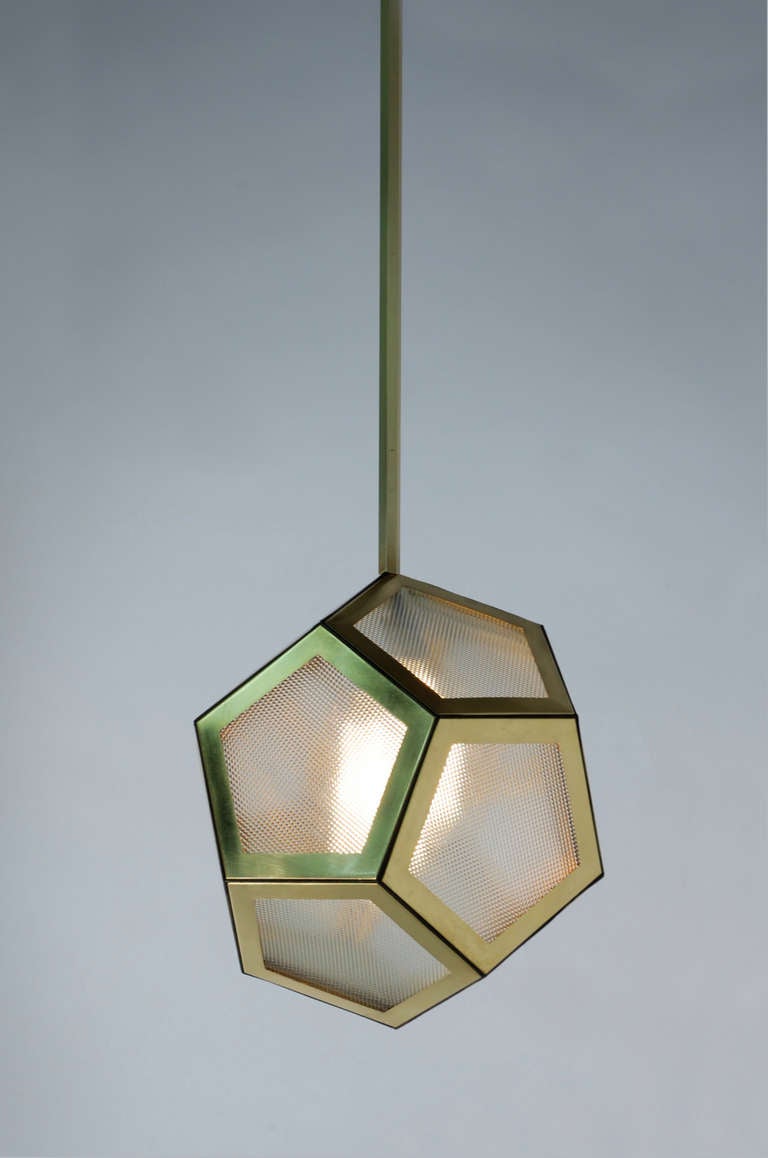 Brass Black Leather and Industrial Glass Hanging Pentagon Lantern For ...