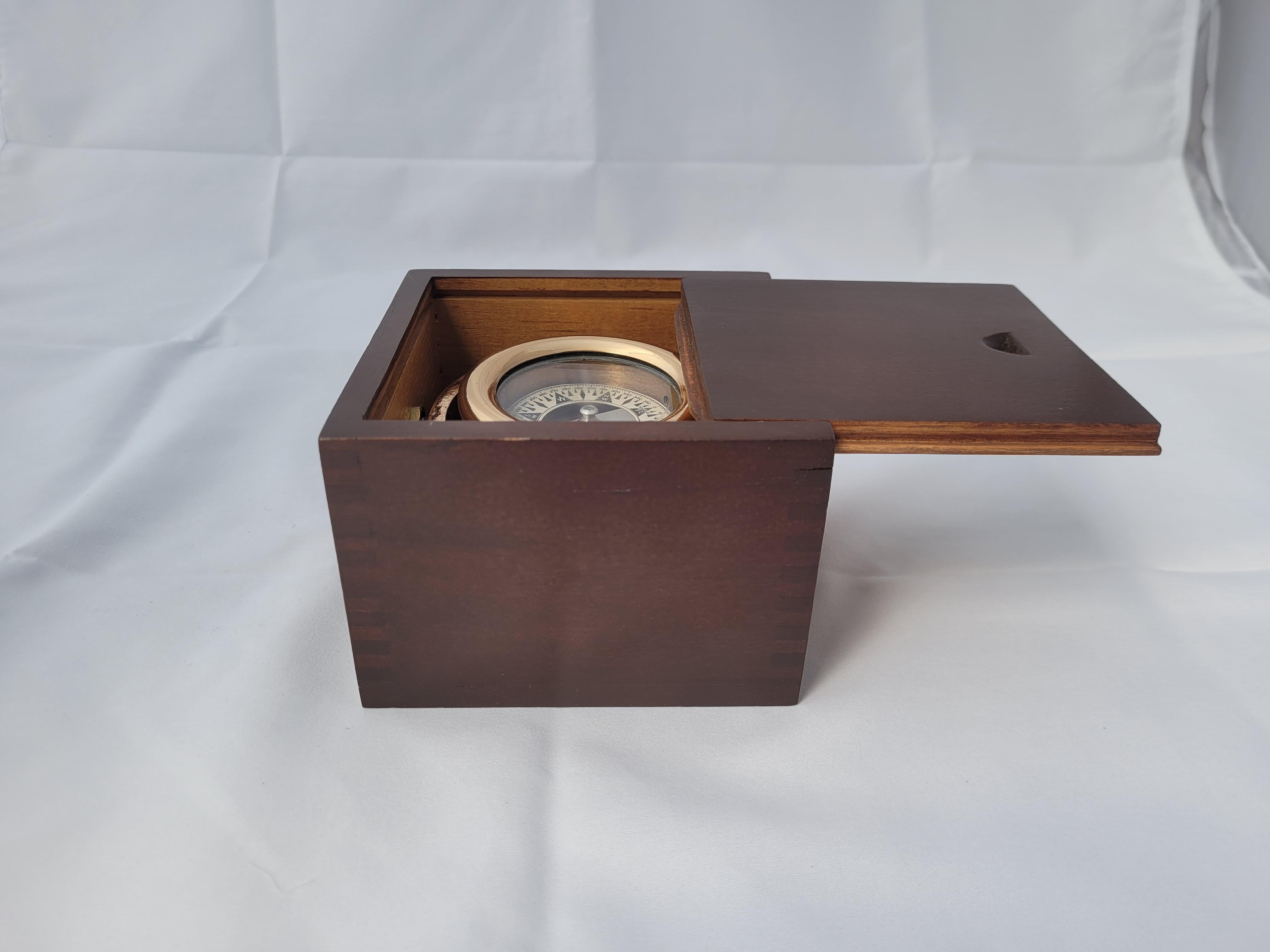Brass Boat Compass in Varnished Wood Box For Sale at 1stDibs