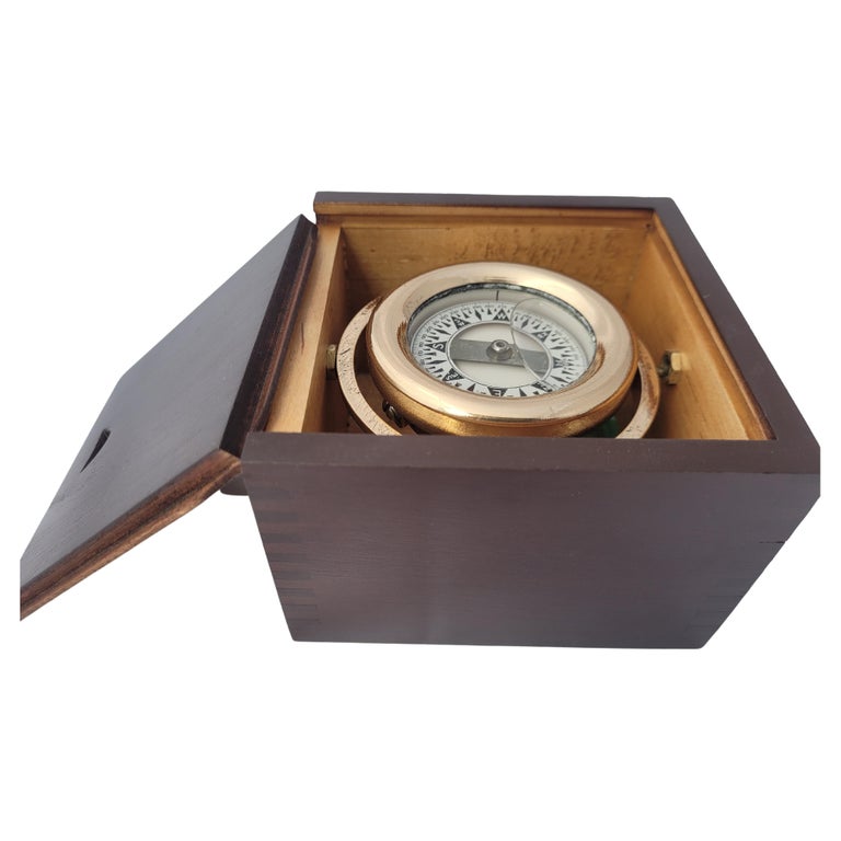 Brass Boat Compass in Varnished Wood Box For Sale at 1stDibs