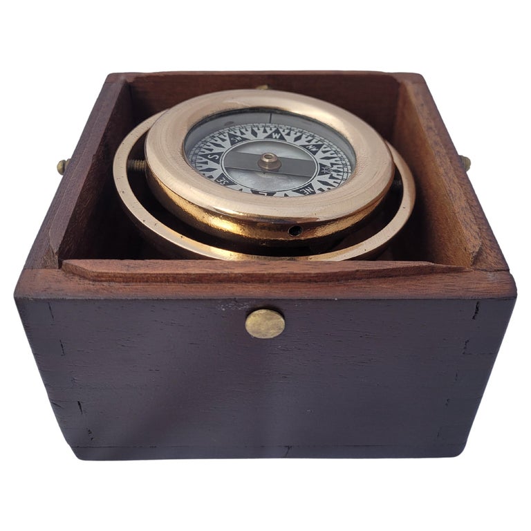 Brass Boat Compass in Varnished Wood Box For Sale at 1stDibs