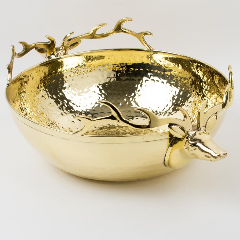 Brass Bowl Centerpiece with Stag Heads, Italy 1980s For Sale at 1stDibs