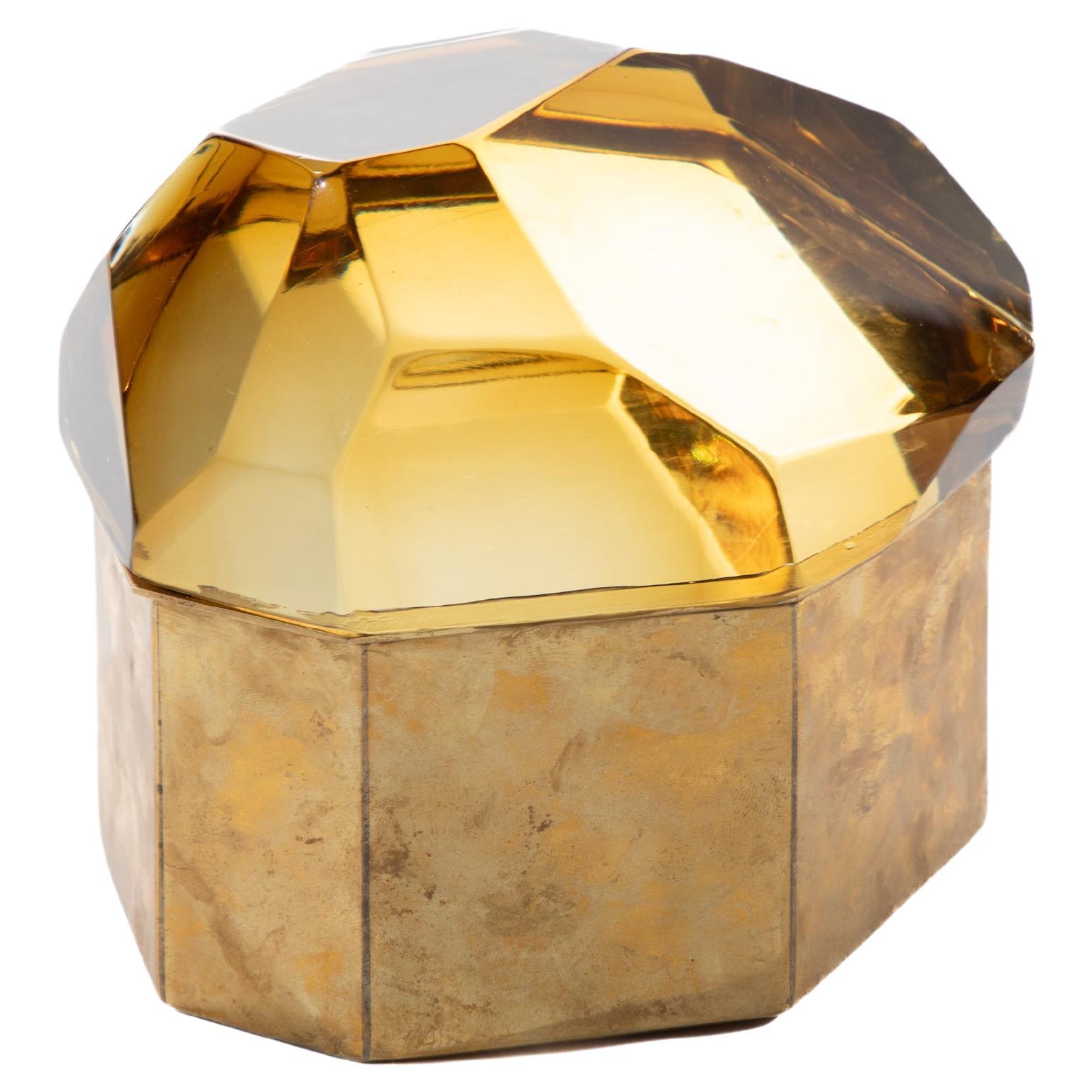 Brass Box with Faceted Jewel-Cut Glass Lid in the Manner of Andrea ...
