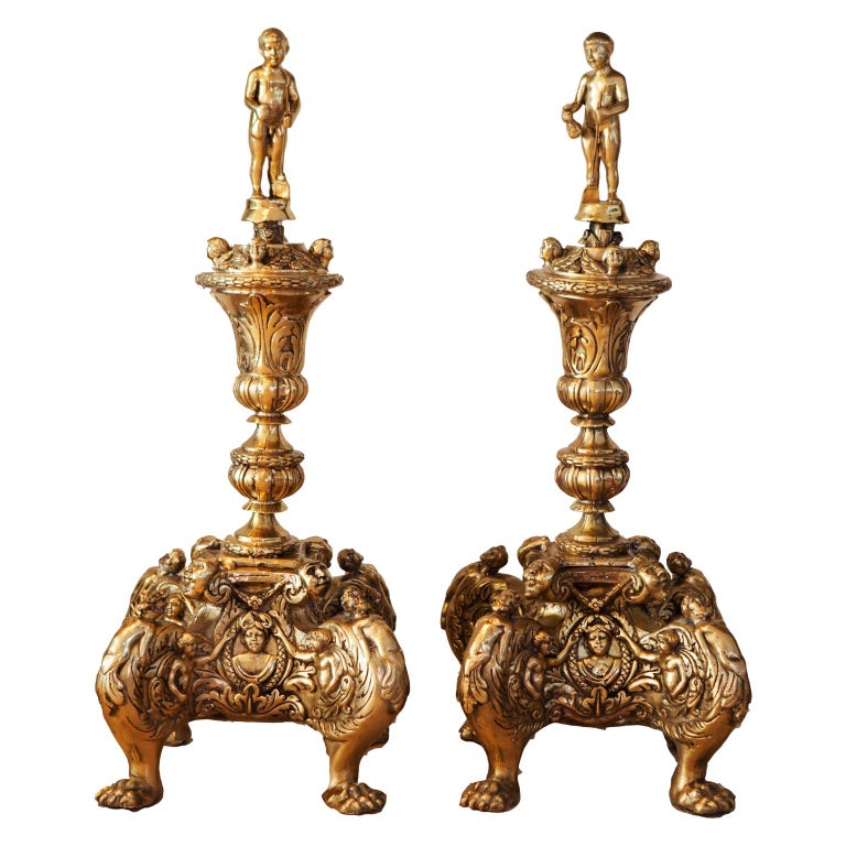 Brass Cherub Georgian Style Fireplace Dogs For Sale at 1stDibs