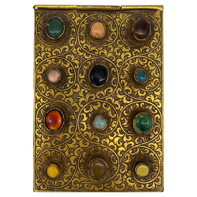 Brass Cigarette Case with Cut Polished Stones at 1stDibs