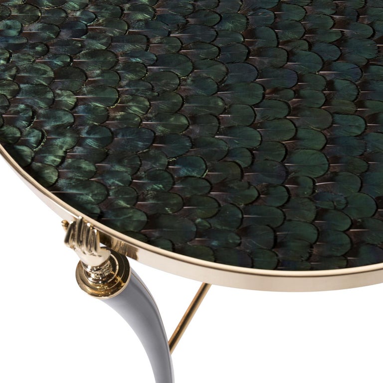 Brass Coffee Table or Side Table with Imitation Peacock Feathers "Bird ...