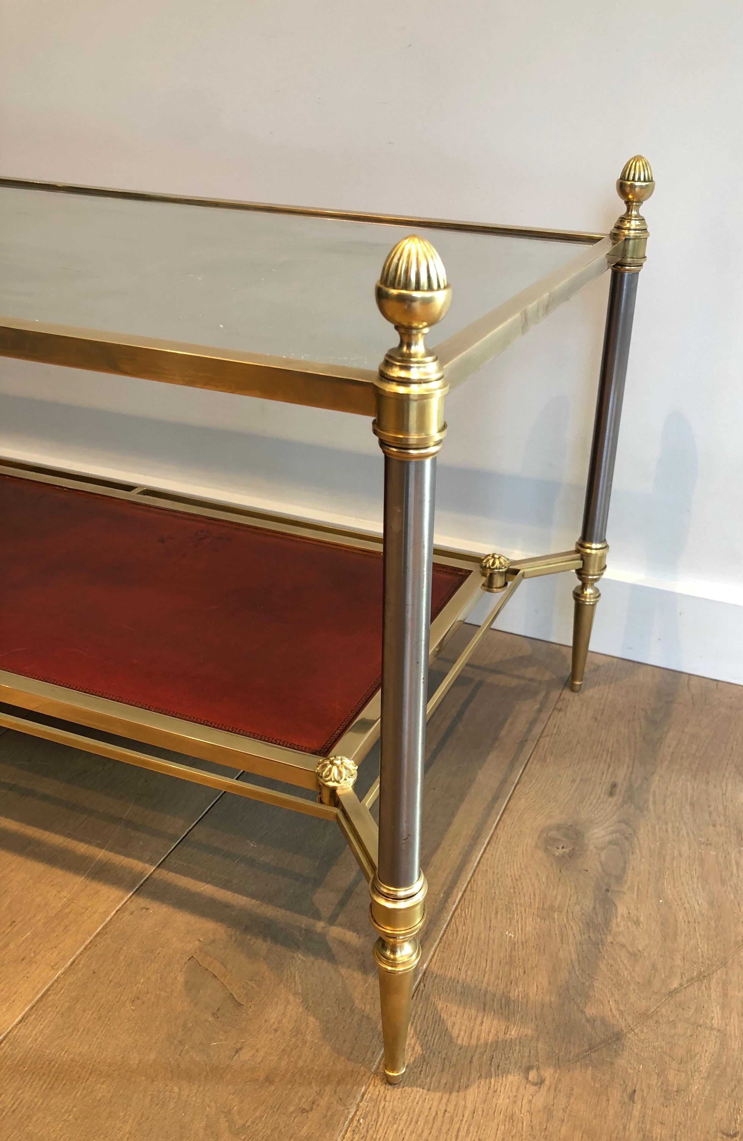 Brass Coffee Table with Red Leather Shelf by Maison Jansen at 1stDibs