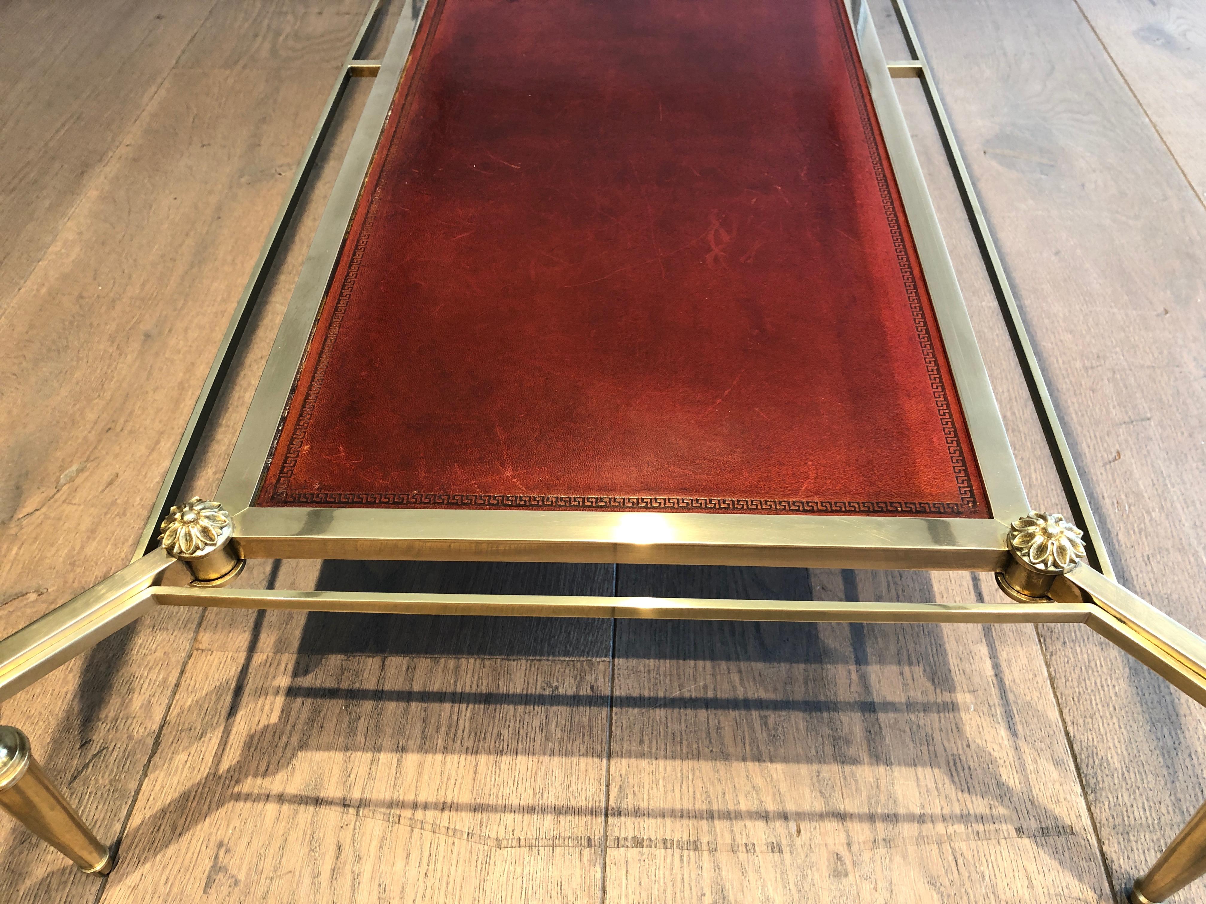 Brass Coffee Table with Red Leather Shelf by Maison Jansen at 1stDibs