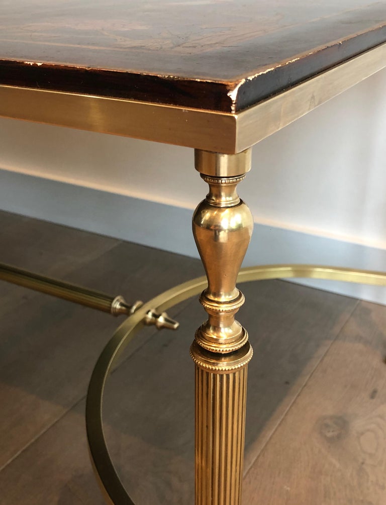 Brass Coffee Table with Wood Lacquered Top Representing Chinese Scenes ...
