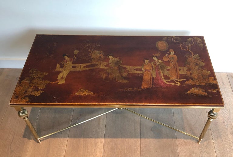 Brass Coffee Table with Wood Lacquered Top Representing Chinese Scenes ...