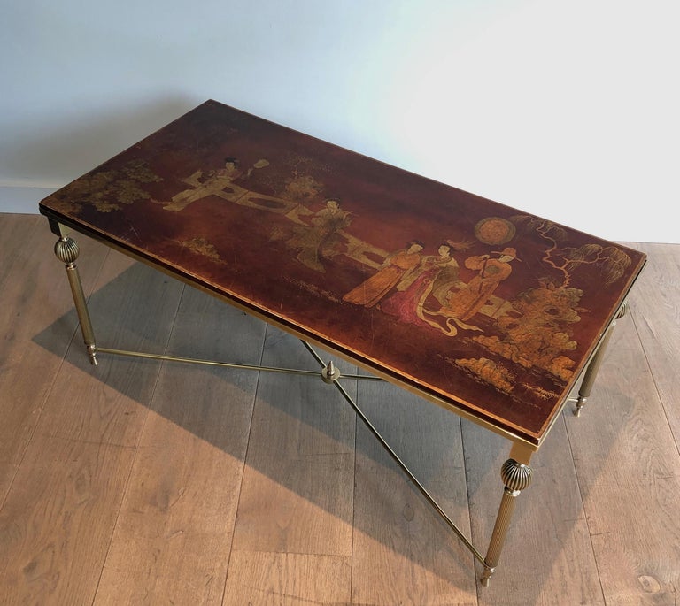 Brass Coffee Table with Wood Lacquered Top Representing Chinese Scenes ...
