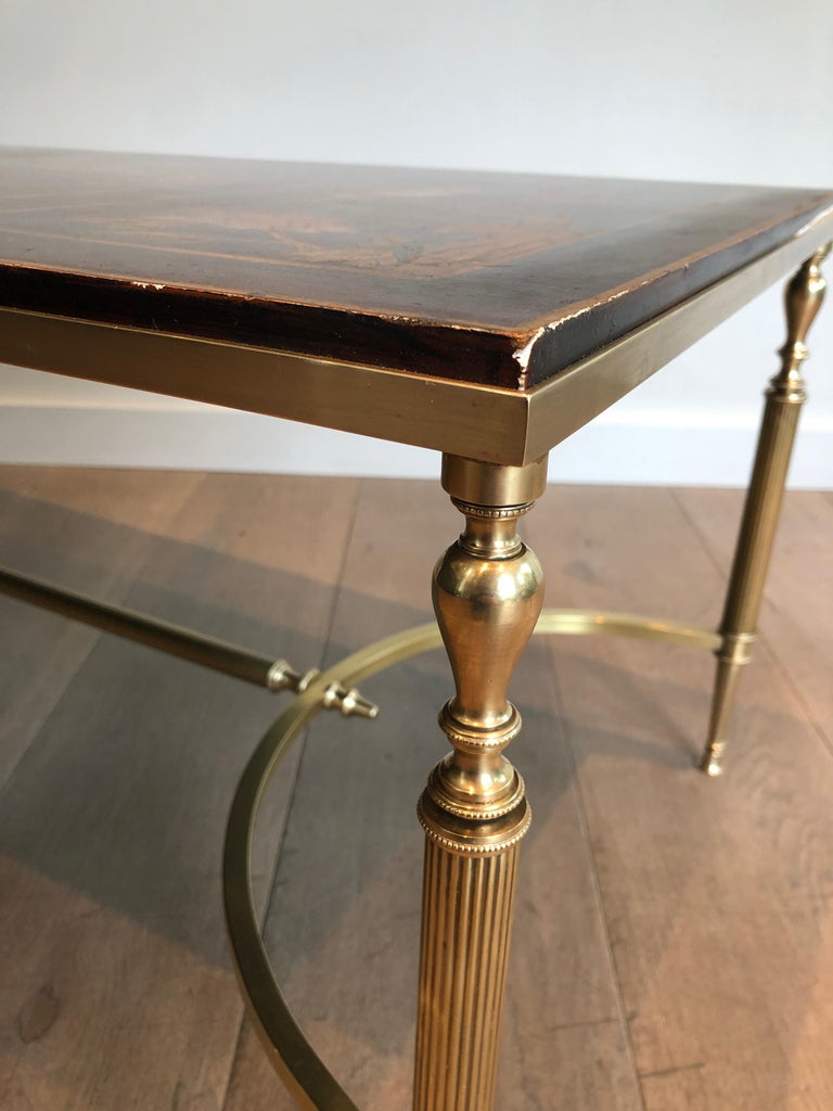 Brass Coffee Table with Wood Lacquered Top Representing Chinese Scenes ...