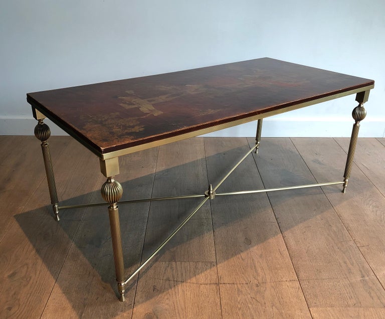 Brass Coffee Table with Wood Lacquered Top Representing Chinese Scenes ...