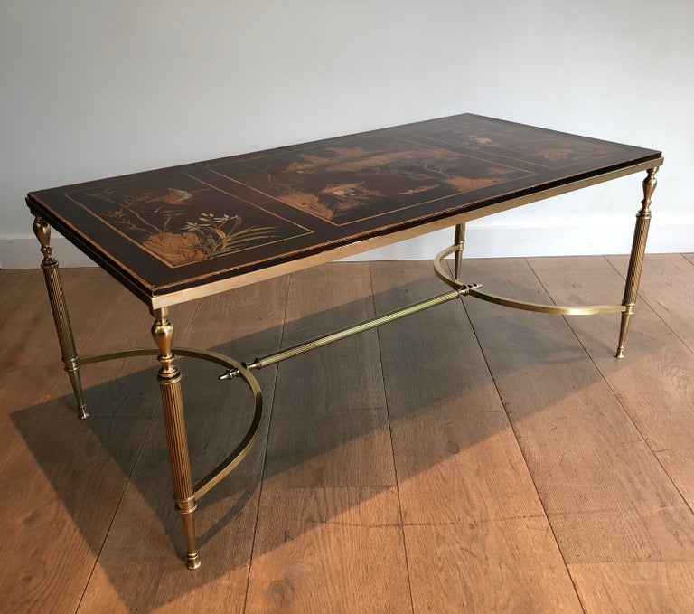 Brass Coffee Table with Wood Lacquered Top Representing Chinese Scenes ...