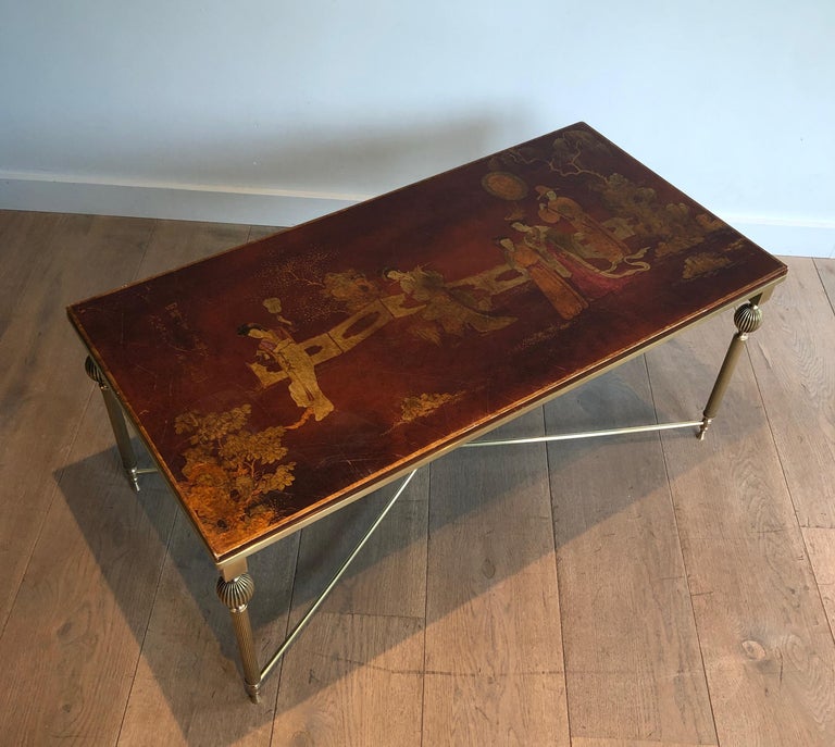 Brass Coffee Table with Wood Lacquered Top Representing Chinese Scenes ...