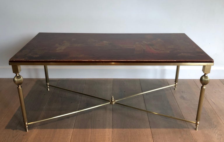 Brass Coffee Table with Wood Lacquered Top Representing Chinese Scenes ...