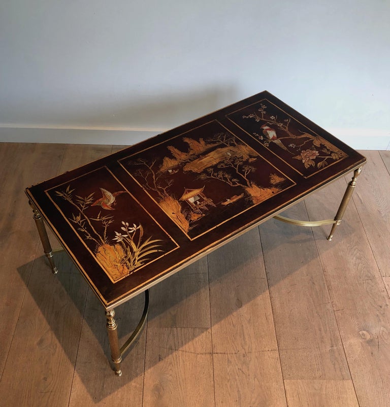 Brass Coffee Table with Wood Lacquered Top Representing Chinese Scenes ...