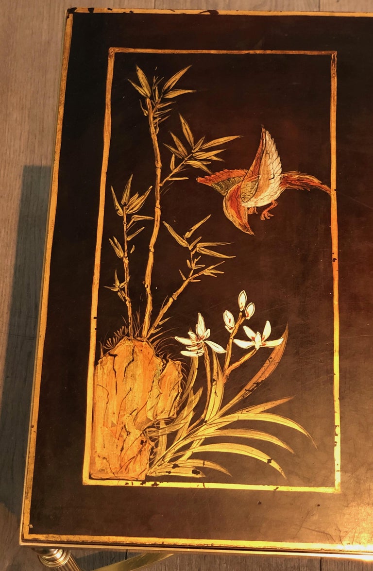 Brass Coffee Table with Wood Lacquered Top Representing Chinese Scenes ...