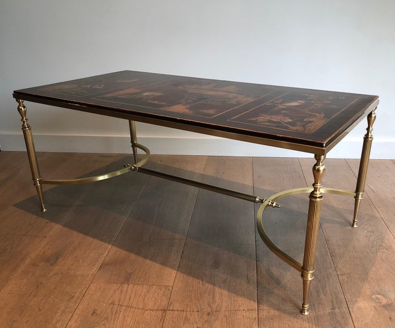 Brass Coffee Table with Wood Lacquered Top Representing Chinese Scenes ...