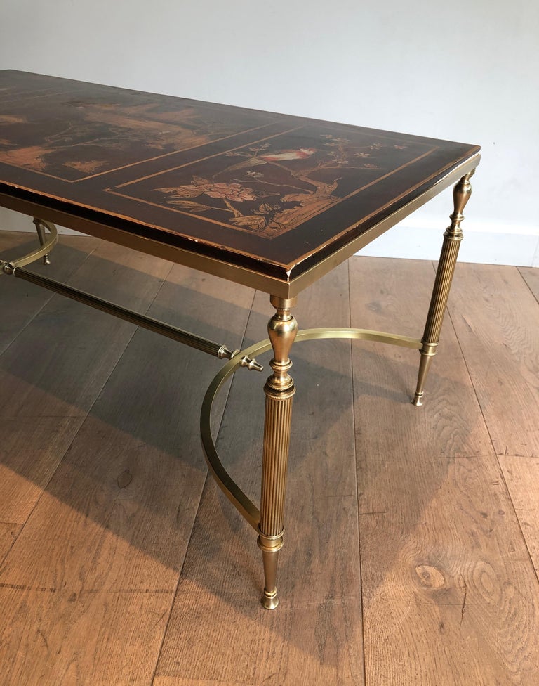 Brass Coffee Table with Wood Lacquered Top Representing Chinese Scenes ...