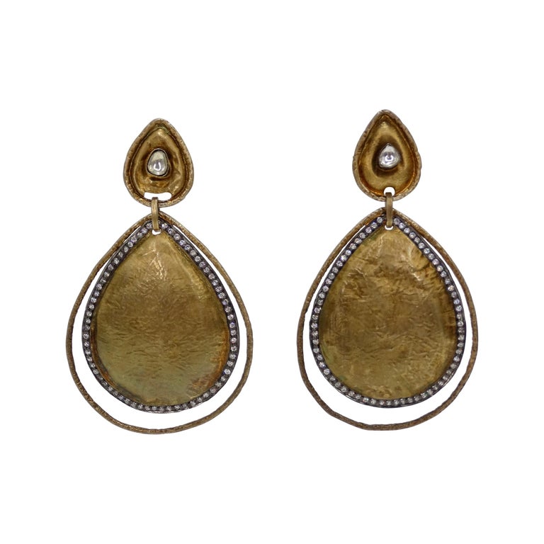 Brass Diamond Embellished Dangle Earrings For Sale at 1stDibs