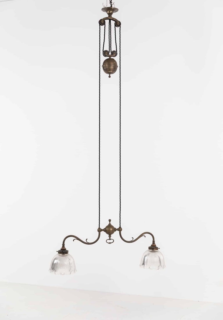 Brass Edwardian Rise and Fall Prismatic Glass Ceiling Light Lamp, c ...