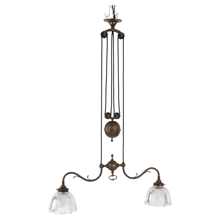 Brass Edwardian Rise and Fall Prismatic Glass Ceiling Light Lamp, c ...