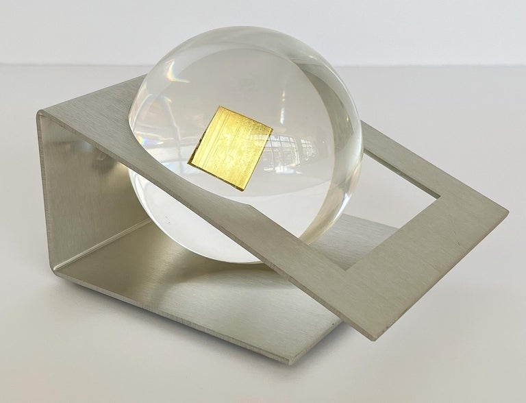 Brass Element Encased Lucite Sphere Sculpture with Aluminum Stand For ...