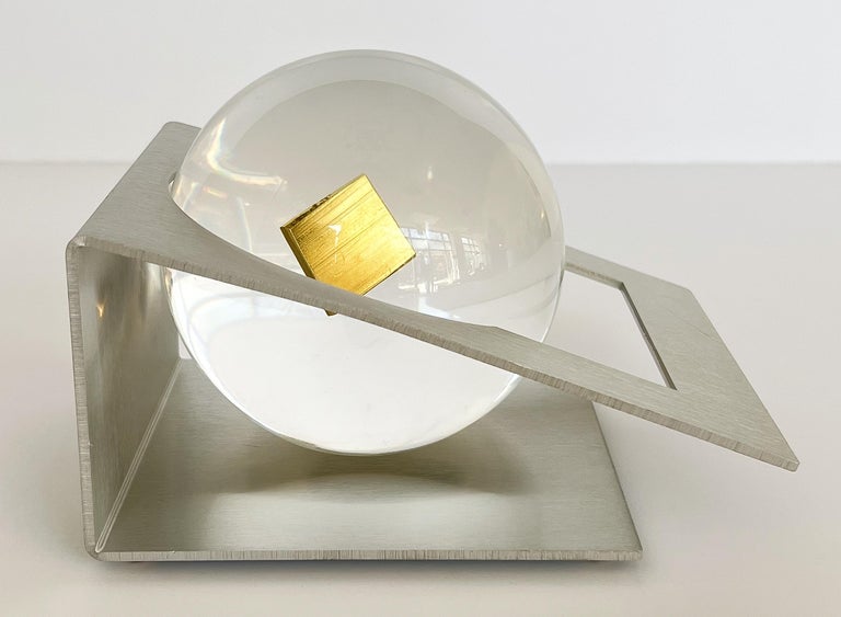 Brass Element Encased Lucite Sphere Sculpture with Aluminum Stand For ...