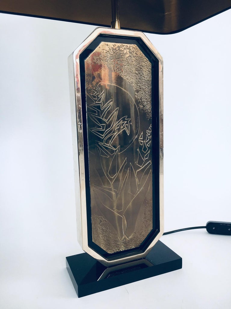 Brass Etched Maho Table Lamp by George Mathias for M2000, Belgium 1970 ...