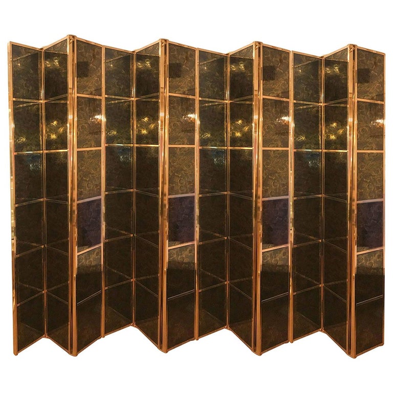 Brass Folding Screen Featuring Inset Vintage Ceramic Panels For Sale at ...