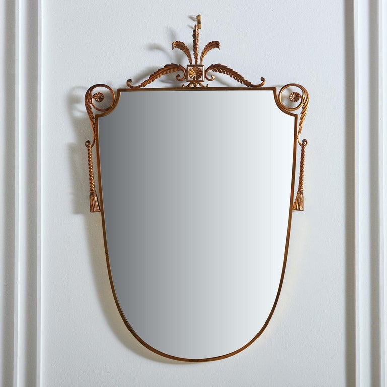 Brass Frame Shield Mirror With Crest Motif in the Style of Gio Ponti ...