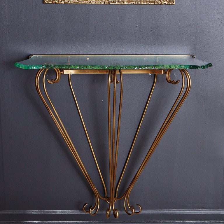 Brass + Glass Wall Mounted Console in the Style of Fontana Arte, France ...