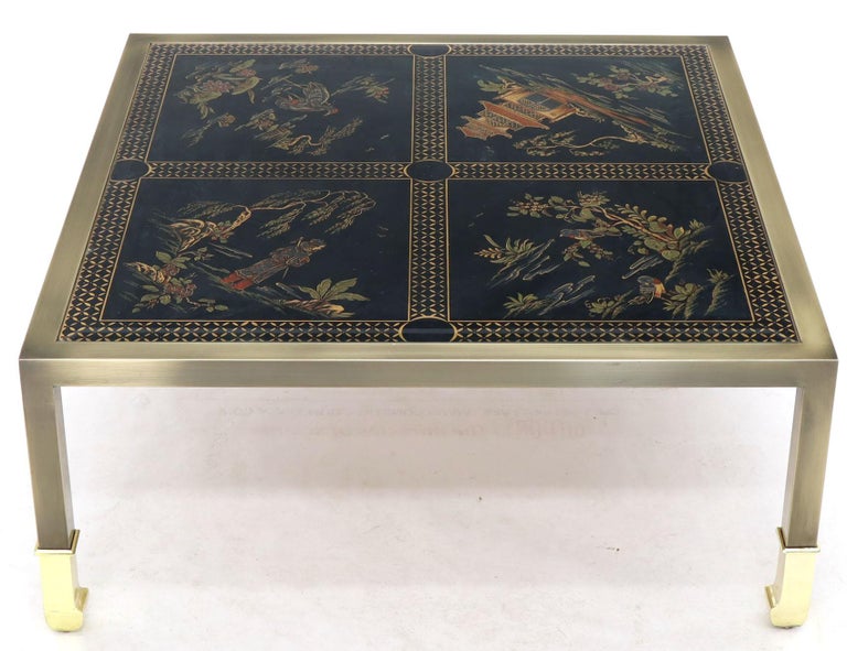 Brass and Gold Decorated Reverse Painted Glass Top Square Coffee Table ...