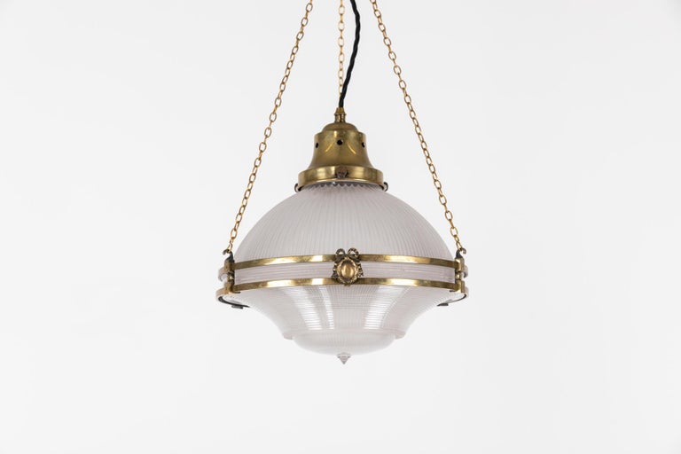 Brass Holophane 'Reflector-Refractor' Prismatic Glass Pendant Light, c ...