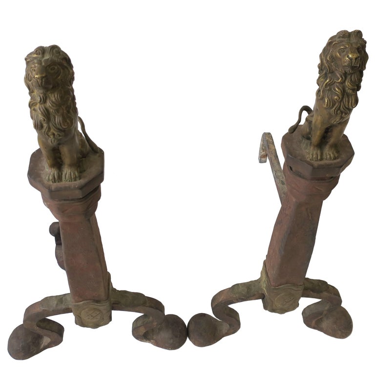 Fireplace Andirons with Brass Lion Sculpture, Pair For Sale at 1stDibs