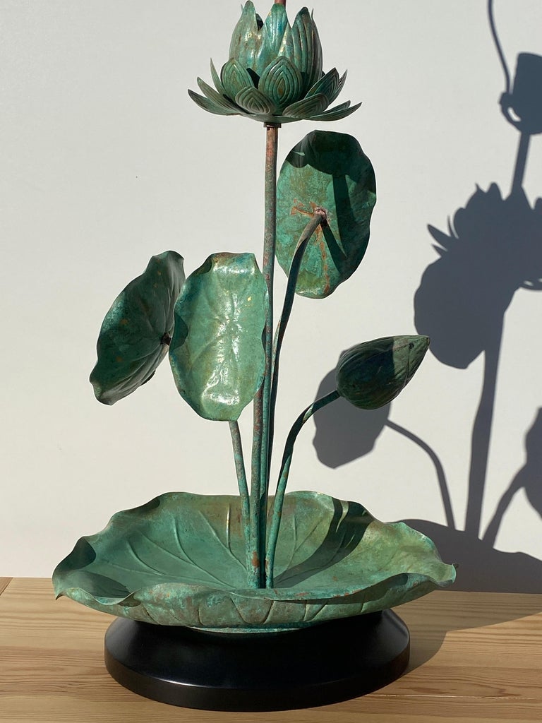 Brass Lotus Lamp in Verdigris Patina For Sale at 1stDibs