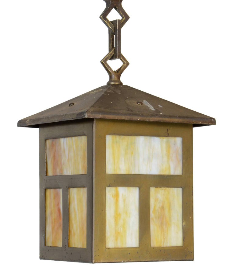 Brass Mission Lantern Pendant with Slag Glass at 1stDibs