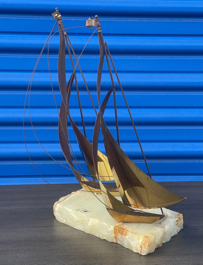 Brass on Quartz Dual Sailboat Sculpture by DeMott For Sale at 1stDibs